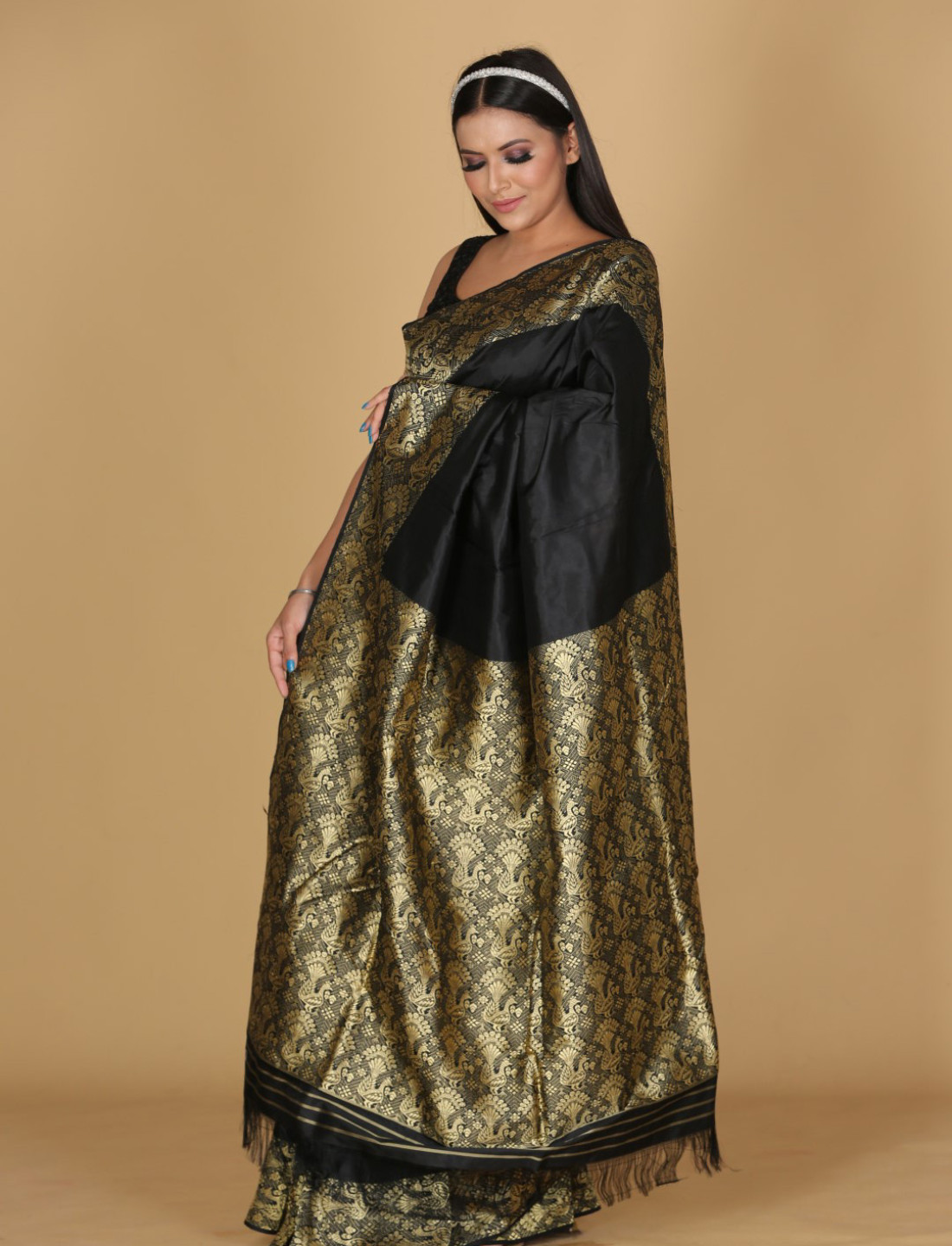 Tri Mogor Design Black Saree with Golden Buta and Border